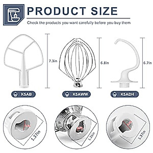 Mixer Aid Attachments Including K5AB Coated Flat Beater&K5ADH Dough Hook for Kitchen Stand Mixer&K5AWW Wire Whip Perfect for 5 Quart Kitchen Mixers Aid Attachments by MIFLUS