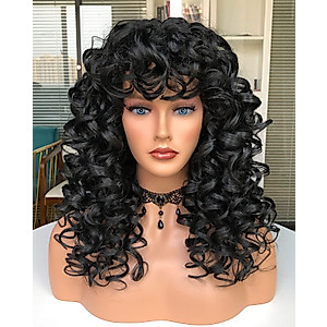 Annivia Curly Wig with Bangs for Black Women Black Kinky Long Curly Wig Synthetic Hair Daily Use Cosplay 17 Inch