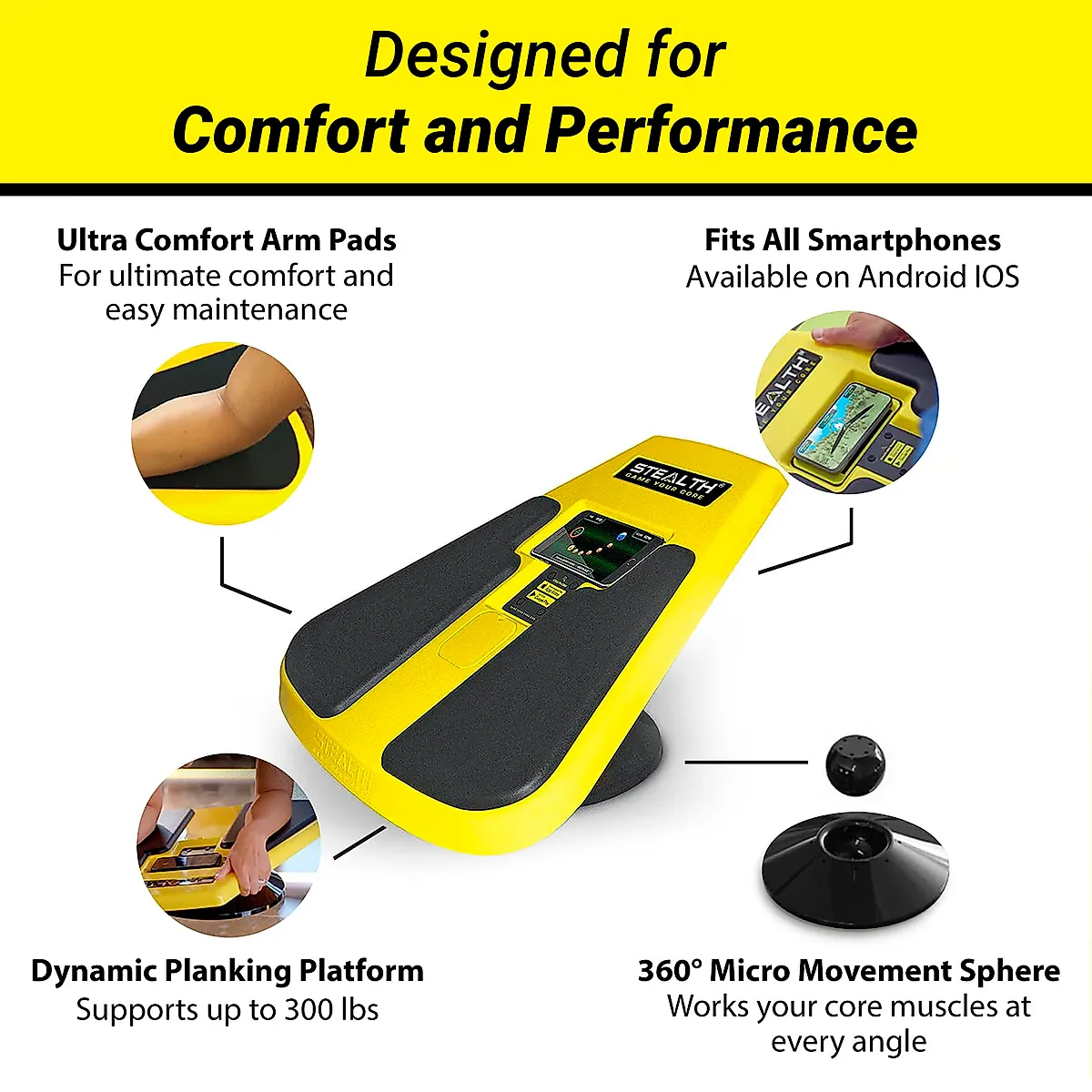 Stealth Abs + Plank Core Trainer - Get Strong Sexy Abs and Lean Core Playing Games On Your Phone, Free iOS/Android App, 4 Free Mobile Games Included, Dynamic Training, Only 3 Minutes a Day (Yellow)