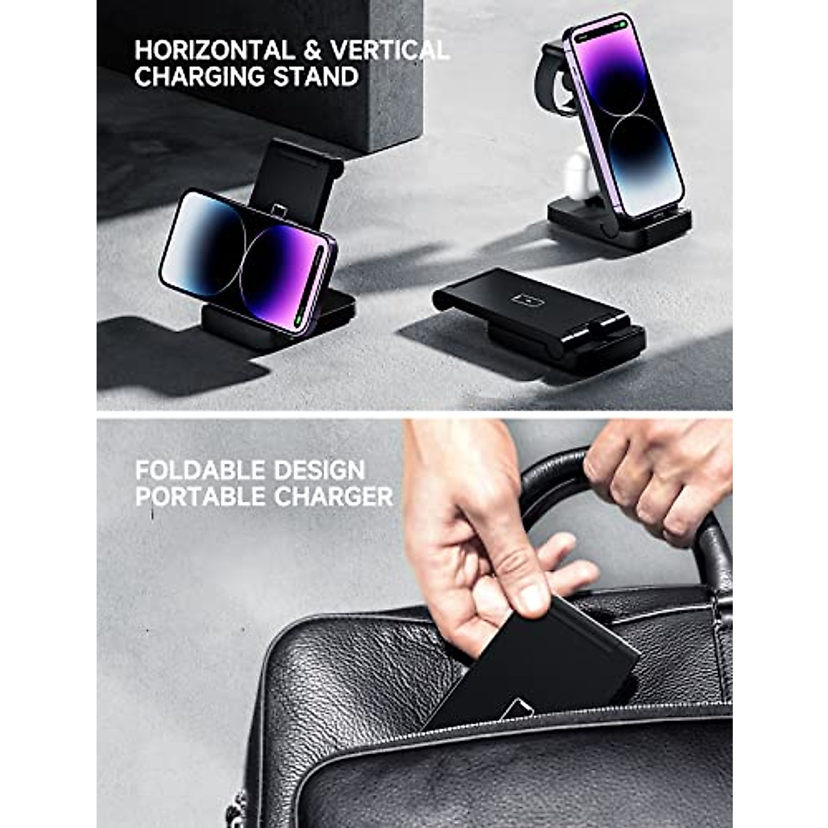 3 in 1 Charging Station, Foldable Charger Stand for Multiple Devices, iPhone Charging Station with 18W Wall Adapter, Fast Charge Portable Travel Charger Compatible with iPhone, iWatch, AirPods