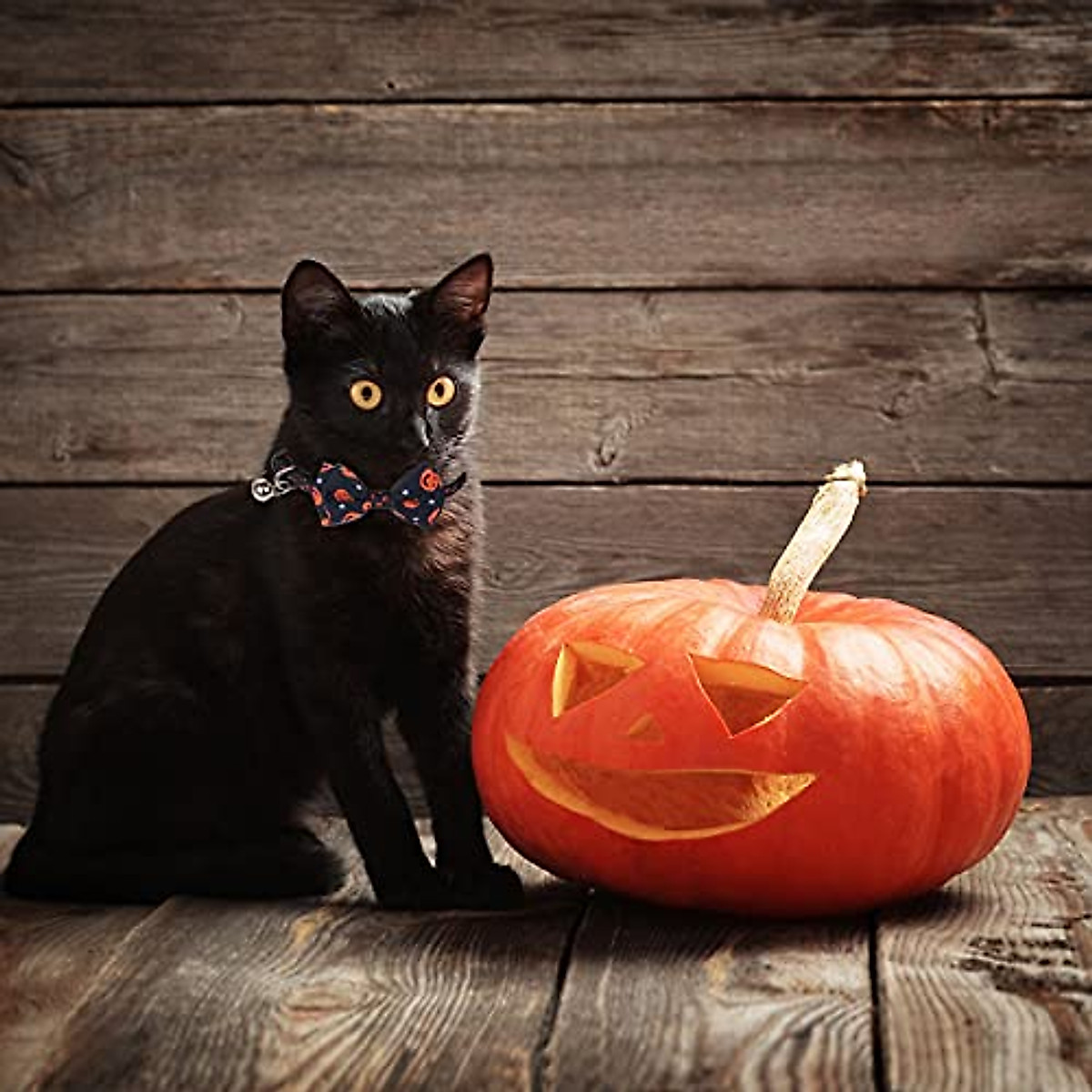 PTDECOR Halloween Cat Collars with Bow Tie Bell, 2 Pack Breakaway Kitten Collar with Removable Bowtie Pumpkin Halloween Collar for Girl Boy Cats (Black & Yellow)
