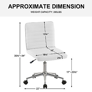 Furnimart Faux Leather Mid-Back Armless Office Desk Chair Adjustable Task Chair Home Office Chair Small Swivel Chair Dorm Chair with Smooth Casters (PU White)