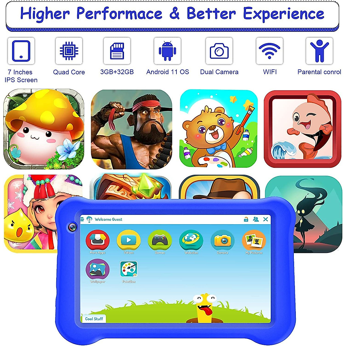 Kids Tablet, 7 Inch Android 11 Tablet for Kids, 32GB ROM 3GB RAM IPS Display Parental Control Toddler Children Tablet with Kids-Proof Case, Dark Blue