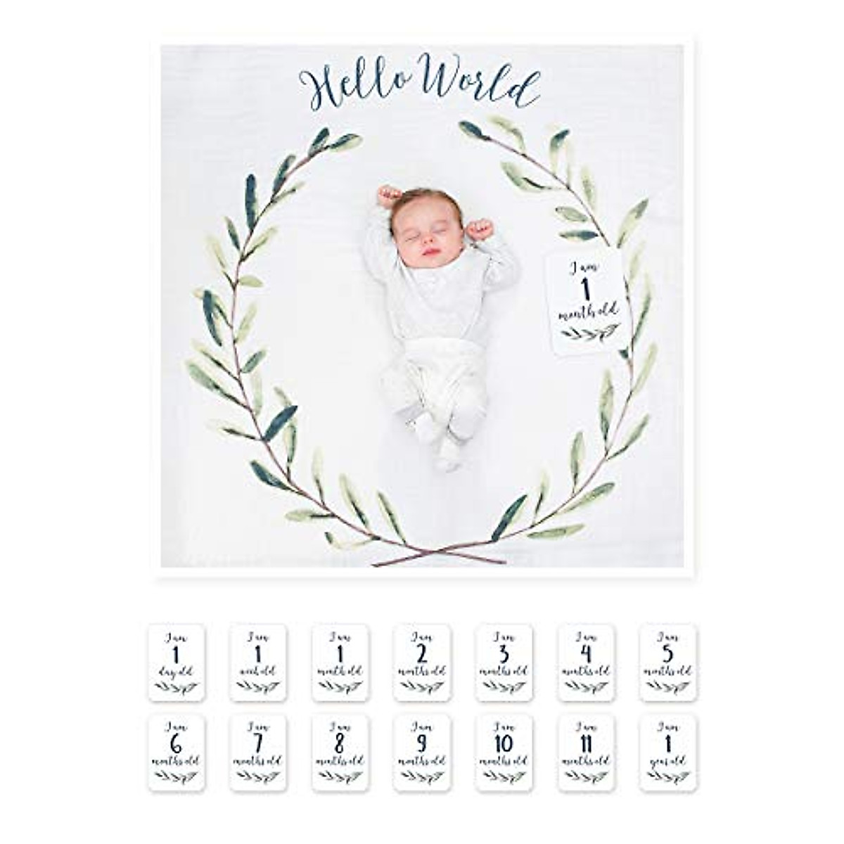 lulujo Baby’s First Year Milestone Blanket and Card Set | 40in x 40in (Hello World)