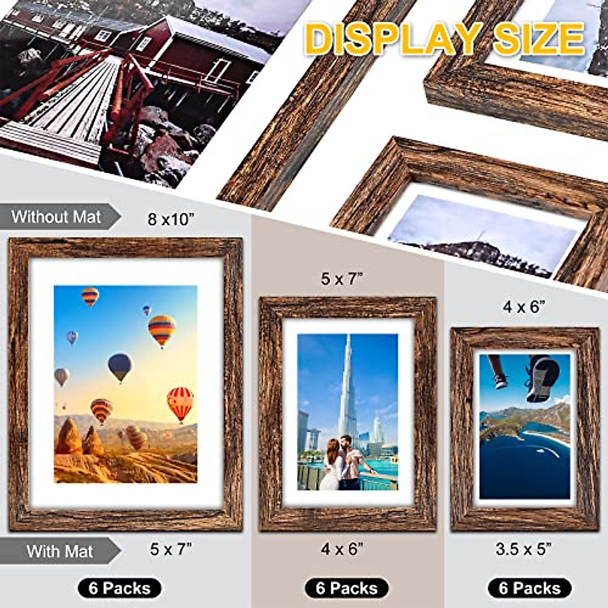 BEYAHELA 4x6 Picture Frame Set of 6, Rustic Farmhouse 4 x 6 Frame Bulk with Mat, Distressed Wooden Photo Frame for Table Top Display and Wall Mounting Rustic Picture Frame With HD Glass (Brown)
