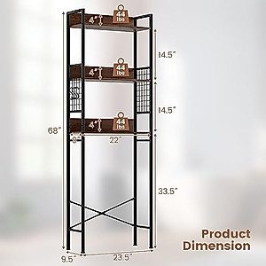 Giantex Over-The-Toilet Storage Shelf, 3-Tier Bathroom Space Saver with 3 Hooks, Industrial Tower Rack for Restroom, Kitchen, Freestanding Bathroom Organizer (Rustic Brown)