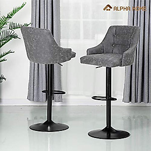 ALPHA HOME Swivel Bar Stool Adjustable Airlift Counter Height Bar Stool Kitchen Dining Cafe Hydraulic PU Leather Bar Chair with Padded Back and Black Chromed Metal Base, Grey,1PC