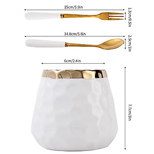 Tregoer Coffee Spoon & Dessert Fork Set,Ceramic Jar with 4 Forks and 4 Spoons for Coffee,Tea,Ice Cream,Cake,Flatware Set (White gold)