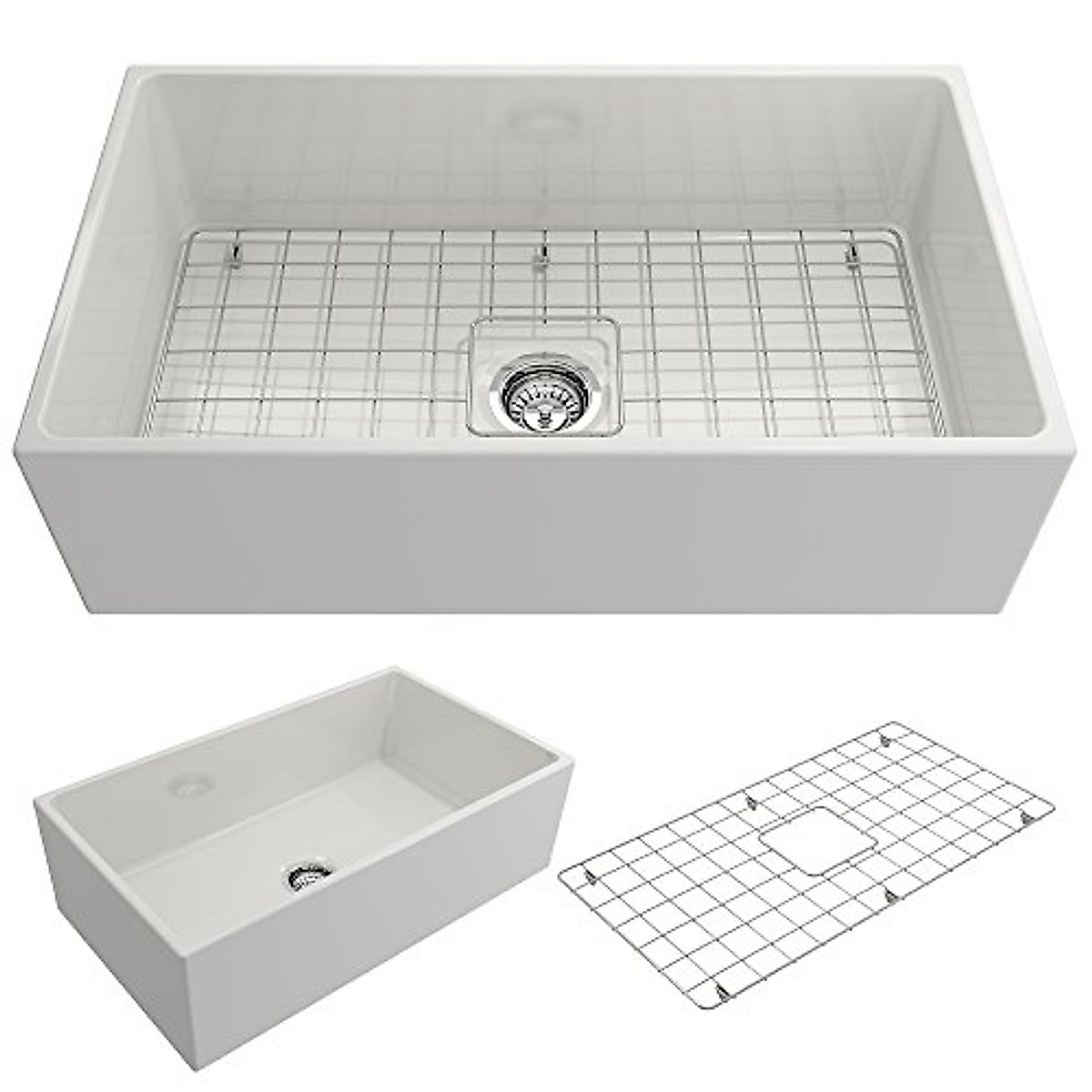 BOCCHI Contempo Farmhouse Apron Front Fireclay 33 in. Single Bowl Kitchen Sink with Protective Bottom Grid and Strainer in White