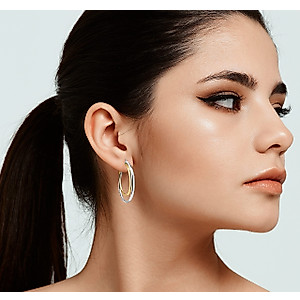 Sterling Silver Two-Tone Double Circle Round-Tube Polished Hoop Earrings, 30mm