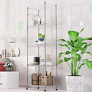 BATHWA 5-Shelf Wire Shelving Units, Sturdy Metal Shelf Chrome Organizer Wire Rack with 360° Wheels, Adjustable Utility Storage Shelves for Garage, Kitchen, Living Room, Bathroom, 23.2L x 13.8W x 72H