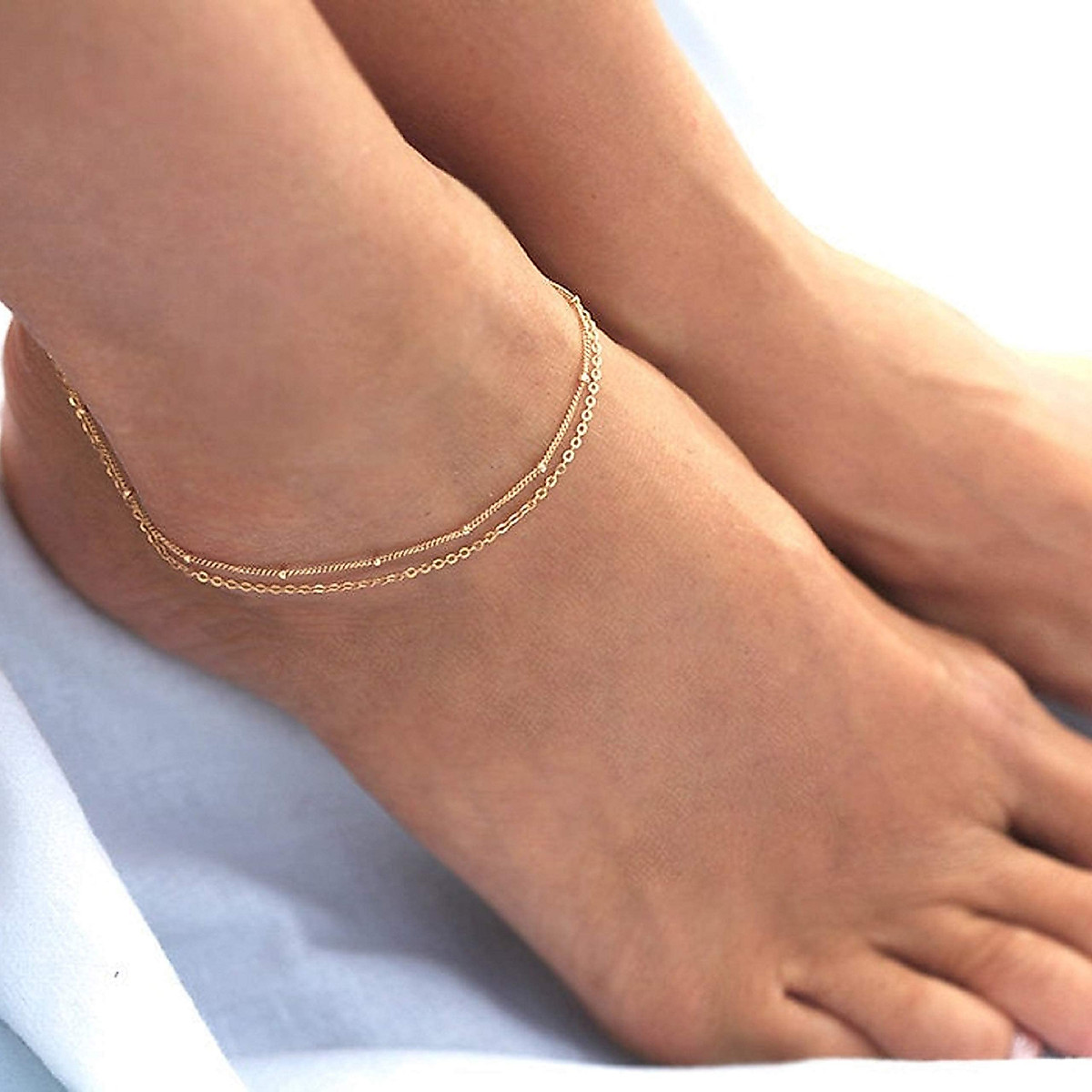 Bemoly Women Dainty Anklet,14K Gold Plated Satellite Anklet Double Layered Cute Beads Chain Tassel Coin Disc Heart Summer Ankle Bracelet Boho Beach Foot Chain