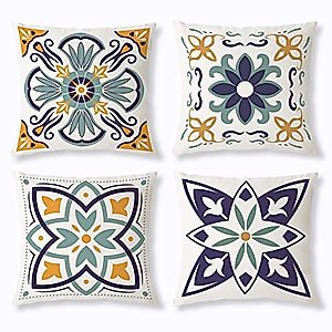 Outdoor Pillow Covers 18x18 Waterproof Outdoor Pillows for Patio Furniture Yellow and Blue Boho Outdoor Pillows Decorative Garden Cushion Couch Throw Pillows Covers Farmhouse Home Decor 