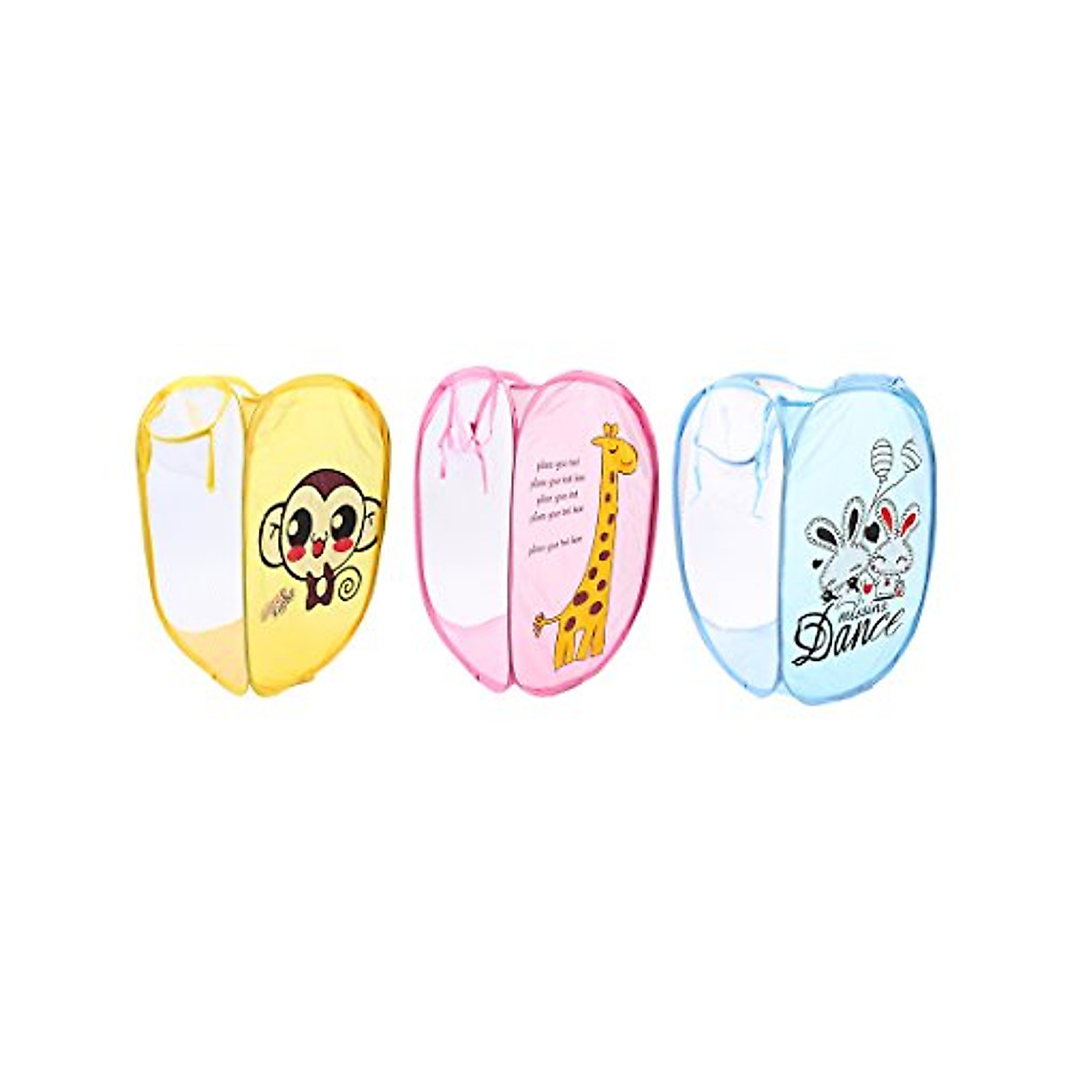 vanki Deluxe Mesh Pop-Up Laundry Hamper with Side Pocket and Handles,Cartoon Theme- Giraffe/Monkey/Rabbit 3pcs