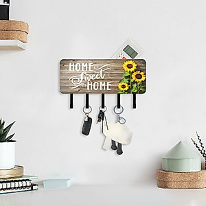 linqin Home Sweet Home Sunflower Key Holder for Wall, Decorative Wall Mounted Key Racks with 5 Key Hooks, Mail Key Organizer with Hanger for Entryway/Door/Bathroom/Kitchen