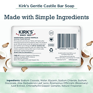 Kirk's Castile Bar Soap for Men, Women & Children - Made with Premium Coconut Oil, Sensitive Skin Formula, Vegan, Non GMO, Aloe Vera, 4 oz. Bars 6 Pack