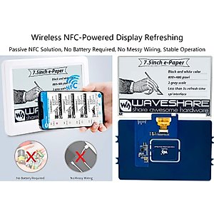 Waveshare 7.5inch Passive NFC-Powered e-Paper No Battery Required No Messy Wiring Novel Passive NFC Tech Wireless Powering & Data Transfer APP Provided 800X480 Pixel,Black& White Color