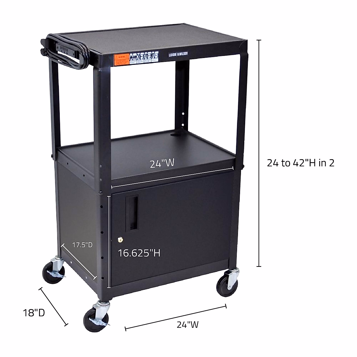 Luxor Multipurpose Adjustable Height Steel A/V Utility Cart with Cabinet - Black