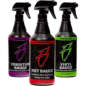 Bling Sauce Threesome Bundle, Hot Sauce Premium Hard Water Spot Remover, Condition Sauce Premium Interior Moisturizer, Vinyl Sauce Premium Vinyl and Leather Cleaner - Three 32 oz. Bottles
