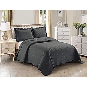 Better Home Style 2 Piece Luxury Floral Ultrasonic Embossed Solid Color Quilt Coverlet Bedspread Oversized Bed Cover Set # Stacy (Charcoal, Twin)