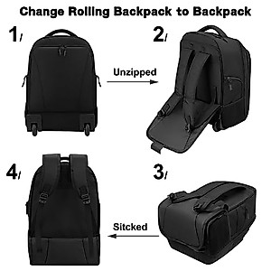 AMBOR Rolling Backpack, Waterproof 18 Inch Wheeled Backpack, Carry-on Bag Luggage Suitcase Compact Business Backpack with Wheels, Student Rolling Laptop Bag Carry Luggage - Black