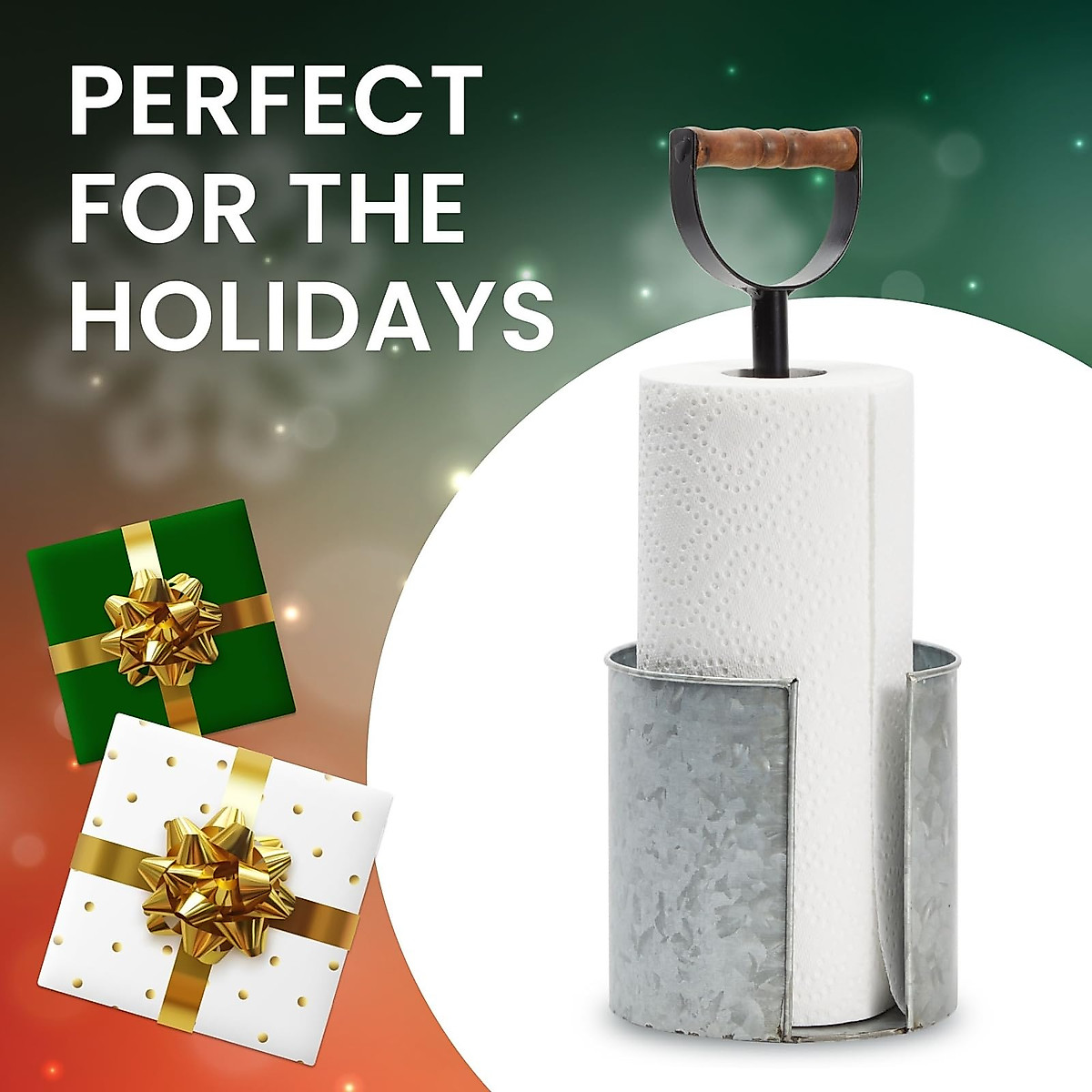 Kitchen Paper Towel Holder for Countertop with Wooden Handle, Galvanized Farmhouse Decor (6 x 16 in)