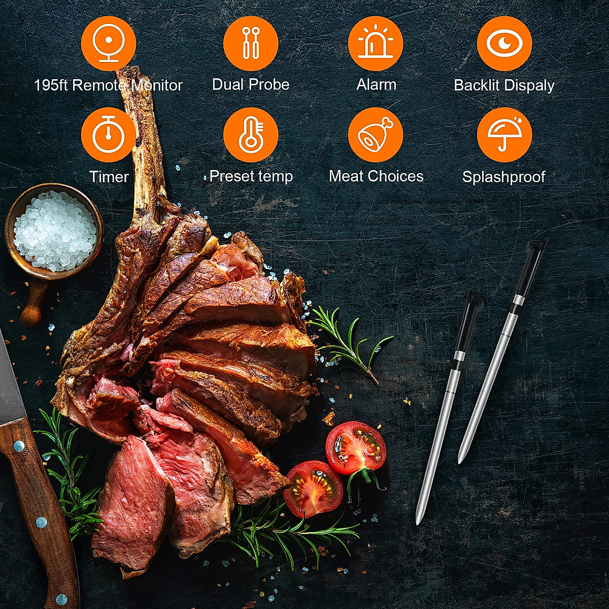 NAMON Wireless Meat Thermometer, Grill Thermometer with 2 Meat Probes, 195ft Wireless Range Digital Thermometer for Cooking, Food Thermometer with Smart Alert for Oven, Smoker, Rotisserie, BBQ