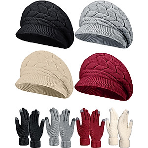 Newcotte 8 Pcs Women Hats Gloves Winter Set, Warm Girls Cap Beanie Hat Knit with Visor Snow Ski Caps and Touch Screen Gloves