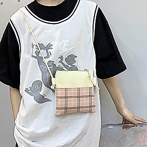 DAHUOJI 5Pcs Kawaii Backpack Set with Badge & Duck Pendant,Japanese Aesthetic Check Bookbag for Girls Cute Plaid School Bags Comes with Tote Bag,Shoulder Bag,Pencil Box,Small Bag(Pink,16in)