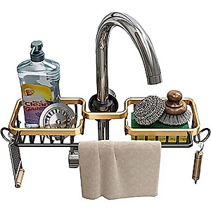 Gloserin Sponge Holder for Kitchen Sink,Adjustable Detachable Sponge Holder Over Faucet,Faucet Rack for Kitchen,Sink Caddy Sponge Holder,Kitchen Sink Organizer(Double with Dishcloth Rack, Gold)