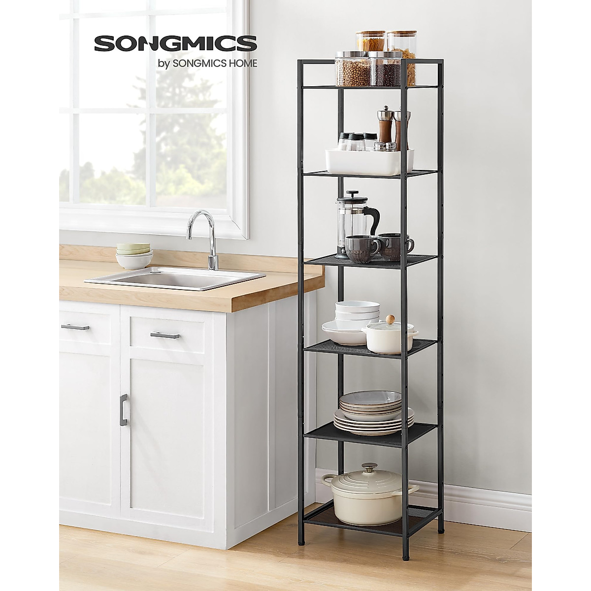 SONGMICS 6-Tier Storage Rack, Bathroom Shelf, Extendable Plant Stand with Adjustable Shelf, for Bathroom, Living Room, Balcony, Kitchen, Classic Black UBSC036B01