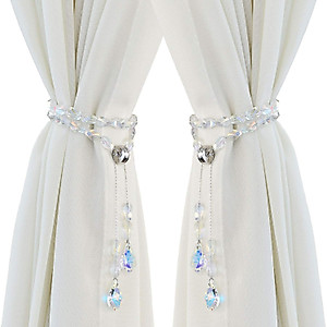 Magnetic Curtain Tiebacks,Crystal Beads Rope Drapery Holdbacks Holder for Small,Thin or Sheer Window Draperies,12 Inch Long,2 Pack (White)