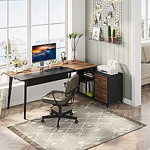 Tribesigns 70.8" Executive Desk with 43" Drawers File Cabinet, Large L-Shaped Computer Office Desk with Printer Stand, Business Furniture Workstation for Home Office