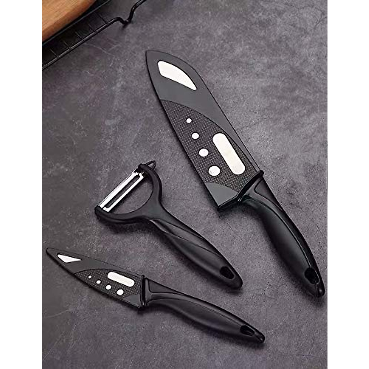 WOLFLAND 3 Pieces Kitchen Knife Set 3.5” Paring knife 7” Santoku Knife w/Protective Covers and Peeler Stainless Steel blade and Ergonomic Black Handle