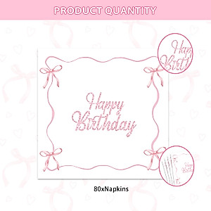 Bow Pink Birthday Napkins, 80Pcs Conquette Birthday Decorations Napkins, Pink Bow Theme Party Decorations Birthday Party Supplies Bow Girls Birthday Party Decor