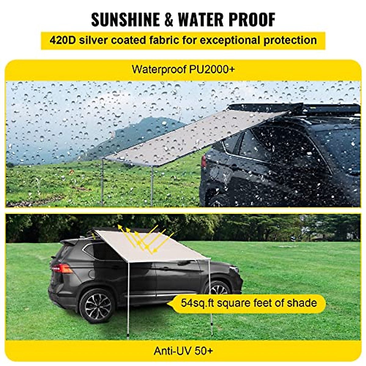VEVOR Car Side Awning, 6.6'x8.2', Pull-Out Retractable Vehicle Awning Waterproof UV50+, Telescoping Poles Trailer Sunshade Rooftop Tent w/Carry Bag for Jeep/SUV/Truck/Van Outdoor Camping Travel, Sand