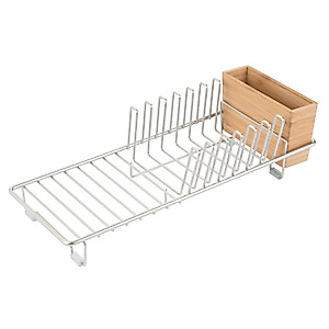 mDesign Compact Modern Kitchen Countertop, Sink Dish Drying Rack, Removable Cutlery Tray - Drain and Dry Wine Glasses, Bowls and Dishes - Metal Wire Drainer in Satin with Natural Bamboo Caddy