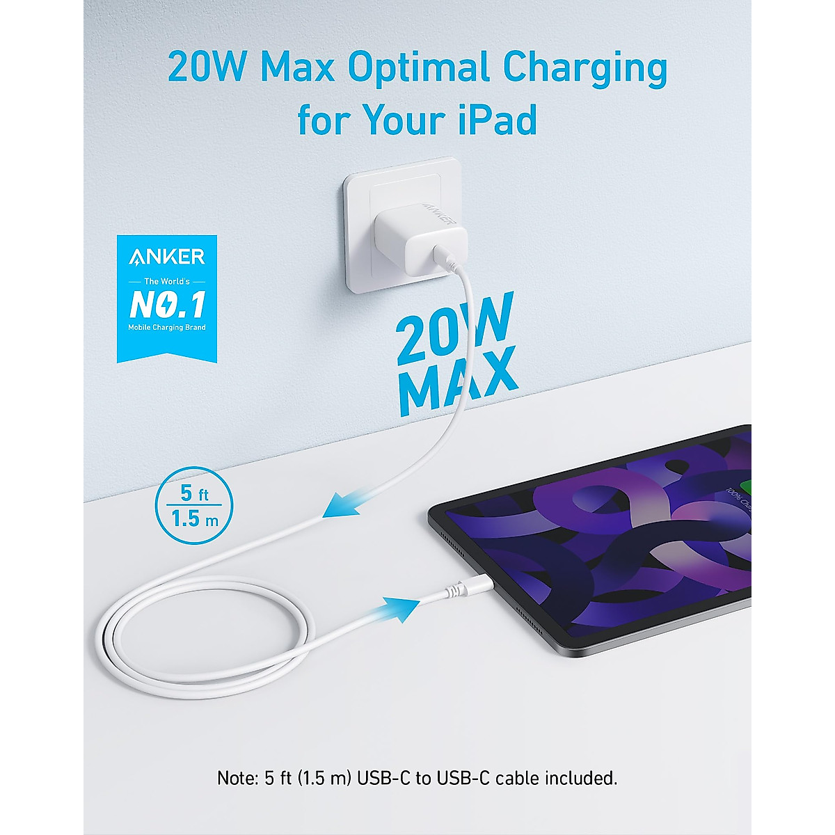 Anker 20W USB C Fast Wall Charger Block for iPhone 15/15 Plus / 15 Pro / 15 Pro Max/iPad Pro/AirPods Pro 2 and More (5 ft Cable Included)