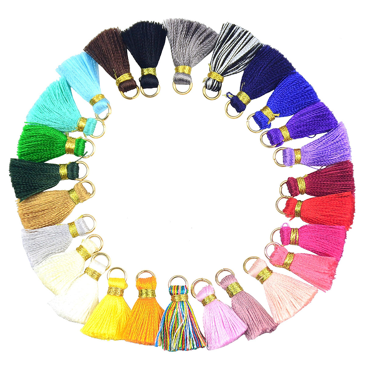 Makhry 50pc 0.8''(2cm) Mini Soft Handmade Silky Floss Tassel with Gold Gold Jump Ring for Woman Earrings, Jewelry Making, Souvenir, DIY Craft Accessory (50, Random)