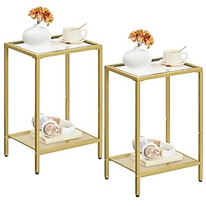 MAHANCRIS End Tables Set of 2, Side Table with Tempered Glass Top, Narrow Beside Table for Small Space, 2-Tier Nightstand with Storage Shelf, for Sofa Couch and Bed, Easy Assembly, Gold ETJ24B01S2Z1