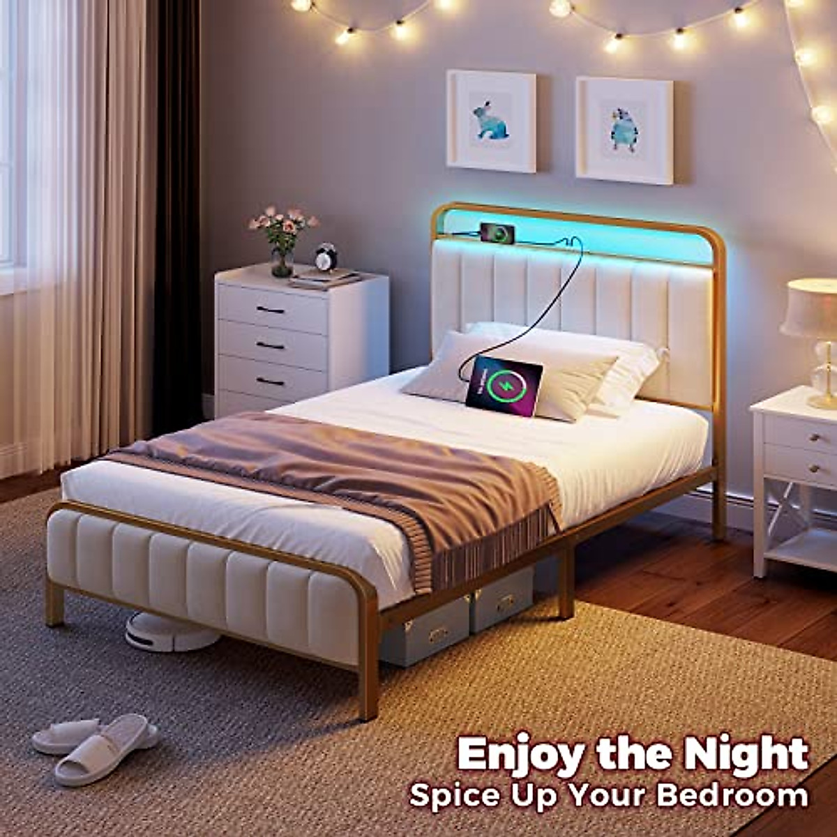 Rolanstar Bed Frame Twin Size with Charging Station and LED Lights, Upholstered Velvet Bed with Headboard Footboard, Heavy Duty Metal Slat, No Box Spring Need, Noise Free, Easy Assembly, Golden Color