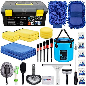 AUTODECO 30Pcs Car Wash Cleaning Kit - Car Care Wash Tools Set Car Detailing Set with Collapsible Bucket Snow Shovel