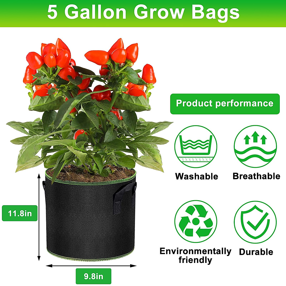 MEKOLIFE Grow Bags 6 Pcs - 5 Gallon Grow Bags with Durable Handles, Thickened Nonwoven Grow Bag to Grow Vegetables, Grow Bags 5 Gallon for Outdoor Fruits Flowers Potato Tomato Planting