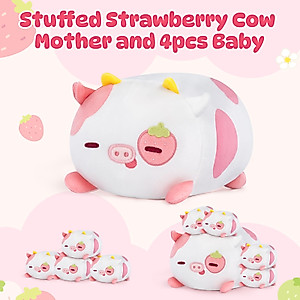 Mewaii Strawberry Cow Plushies Set, Mommy Cow Stuffed Animal with 4 Cute Small Squishy Babies, Soft Pink Cows Cuddle Pillow, Kawaii Plush Toy Gifts for Girls Boys Toddlers Kids