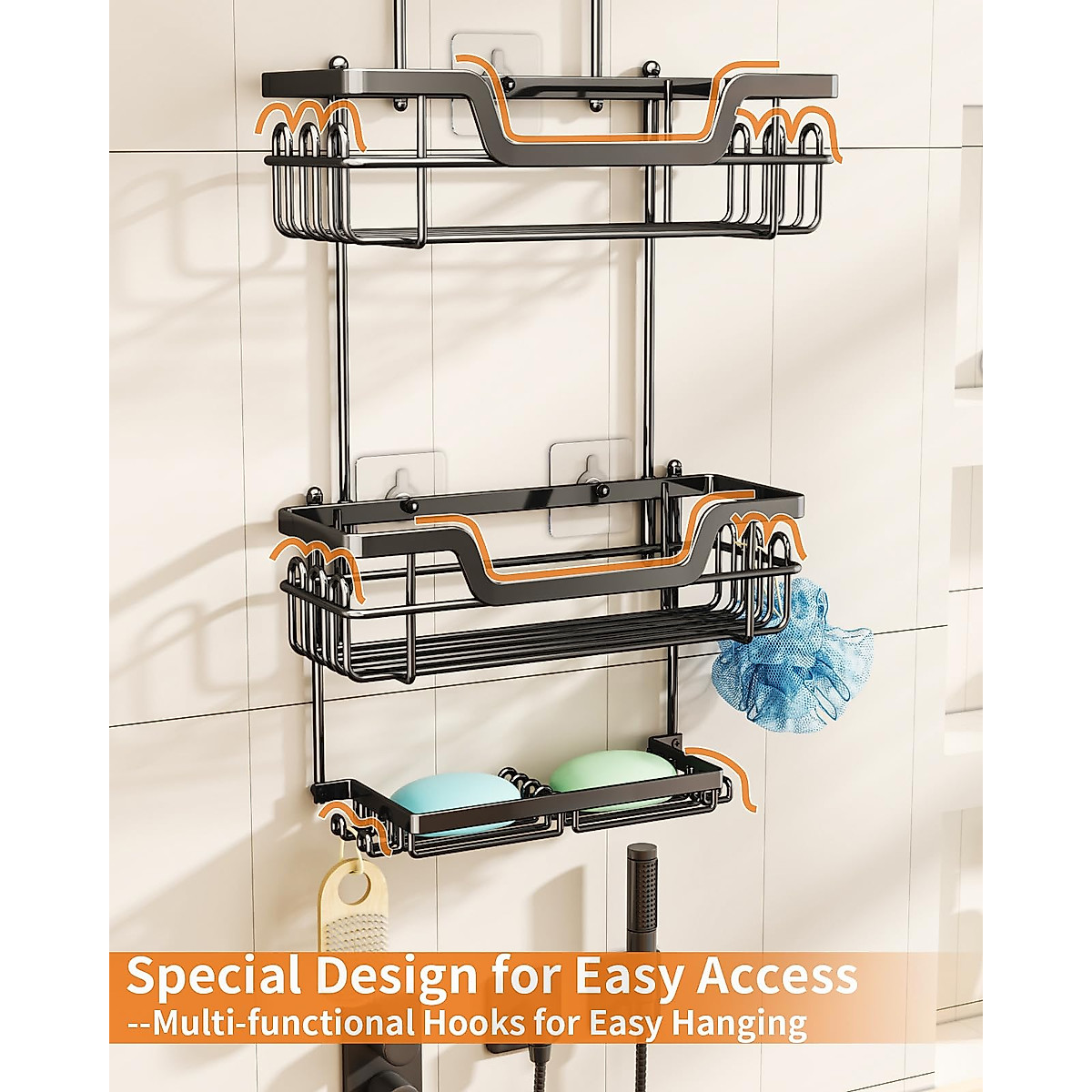 SWTYMIKI 3 Tier Rustproof Hanging Shower Caddy with 16 Hooks & Dual Soap Holder, Large Capacity Over Shower Organizer for Bathroom Shower Room, Black