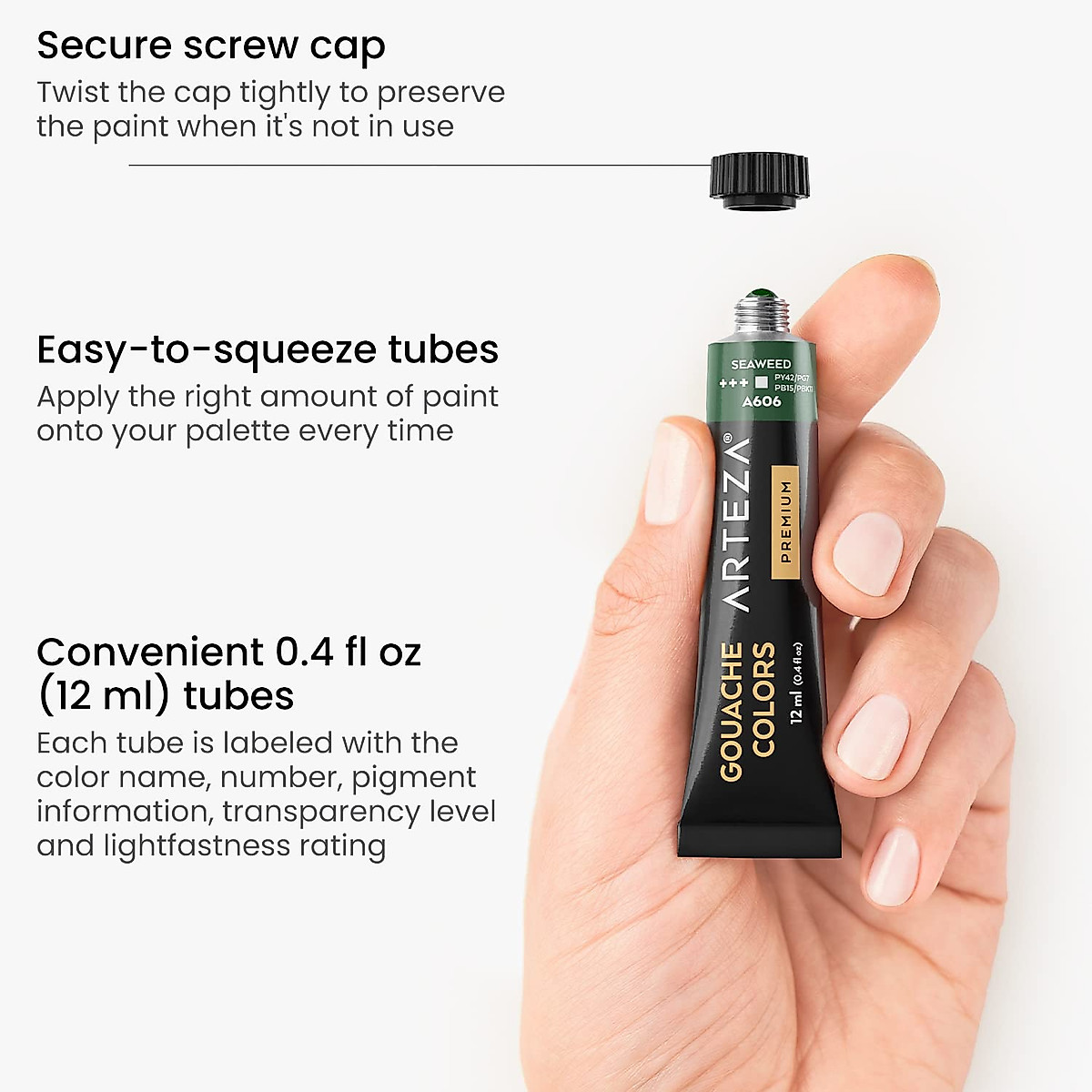 ARTEZA Gouache Paint, Set of 12, Earth Tones, 0.4 US fl oz Gouache Paint Tubes, Opaque Gouache Set for Canvas and Paper