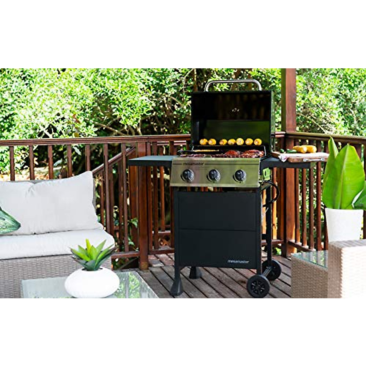 Megamaster 3-Burner Propane Gas Grill with 2 Foldable Side Tables, 30000 BTUs, Perfect for Camping, Outdoor Cooking, Patio and Garden Barbecue Grill, Silver and Black, 720-0988EA