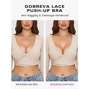 DOBREVA Women's Push Up Bra Eyelash Lace Sexy Cleavage Underwire Support Plunge Bras Blush Beige 32B