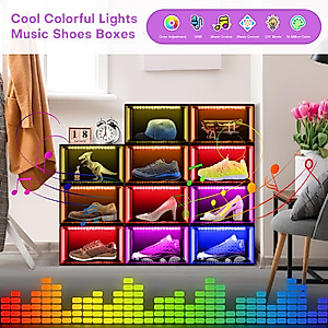 Shoe Storage Organizer for Closet, Foldable Shoe Boxes Rack 2 Pack, Clear Plastic Stackable Containers Bins Holder, Magnetic Sneaker Shelf for Sneakerheads with LED Lights (Black)