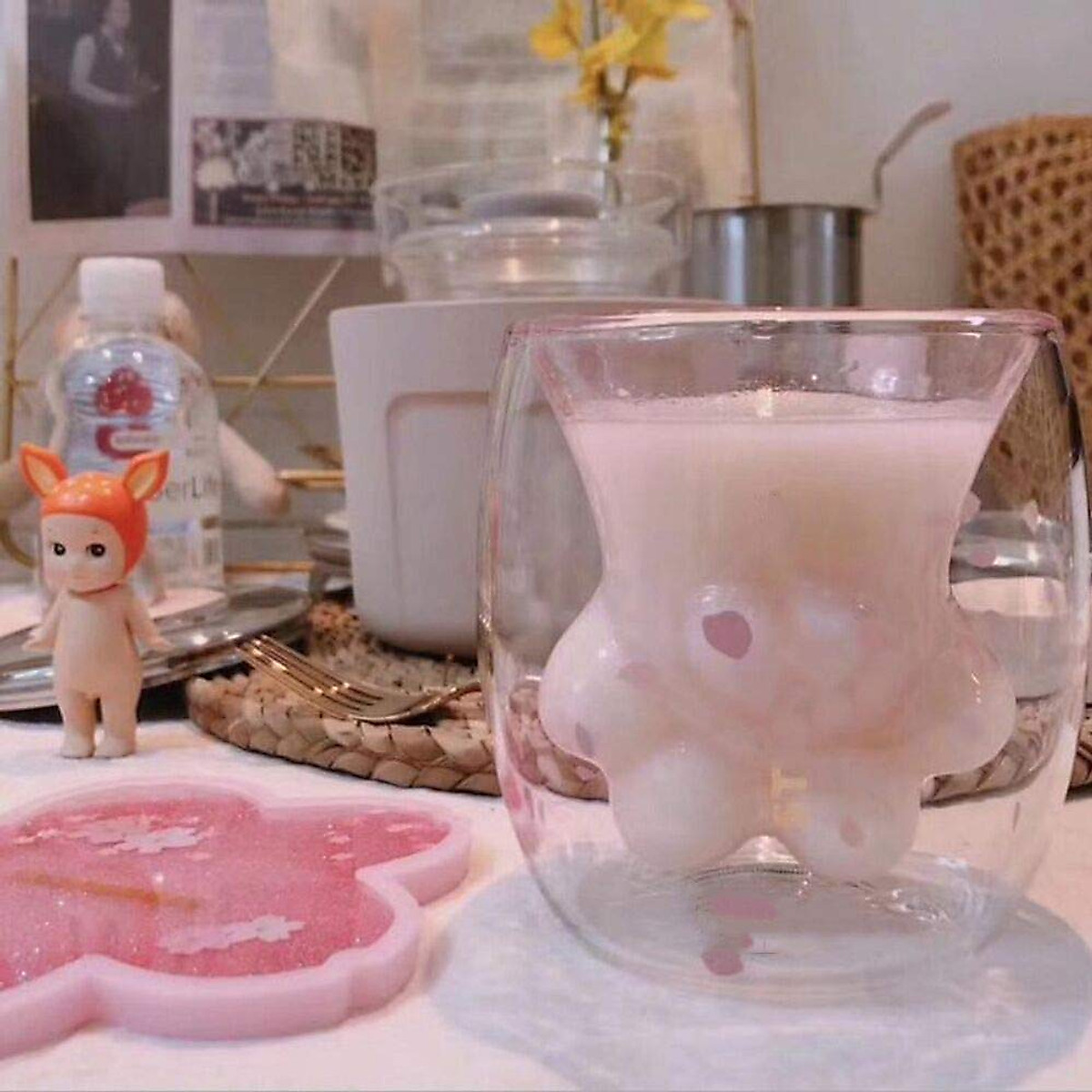Jsacemxi Sakura Coffee Mug Double Wall Glass Cup Cat Claw Cup Heat-Resistant Handmade Creative Milk Mug Tea Whiskey Cup (Cat Paws) (Cute cups)